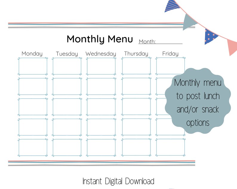 Printable Preschool or Daycare Menu, Weekly Snack & Lunch Menu, Monthly ...