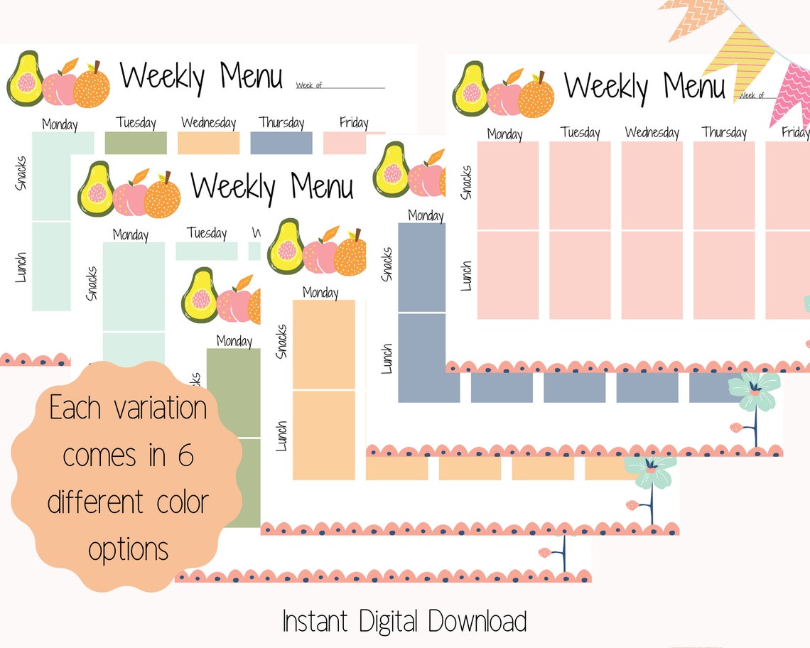 Printable Menu Bundle, Daycare/preschool Menu, Weekly Lunch Menu ...