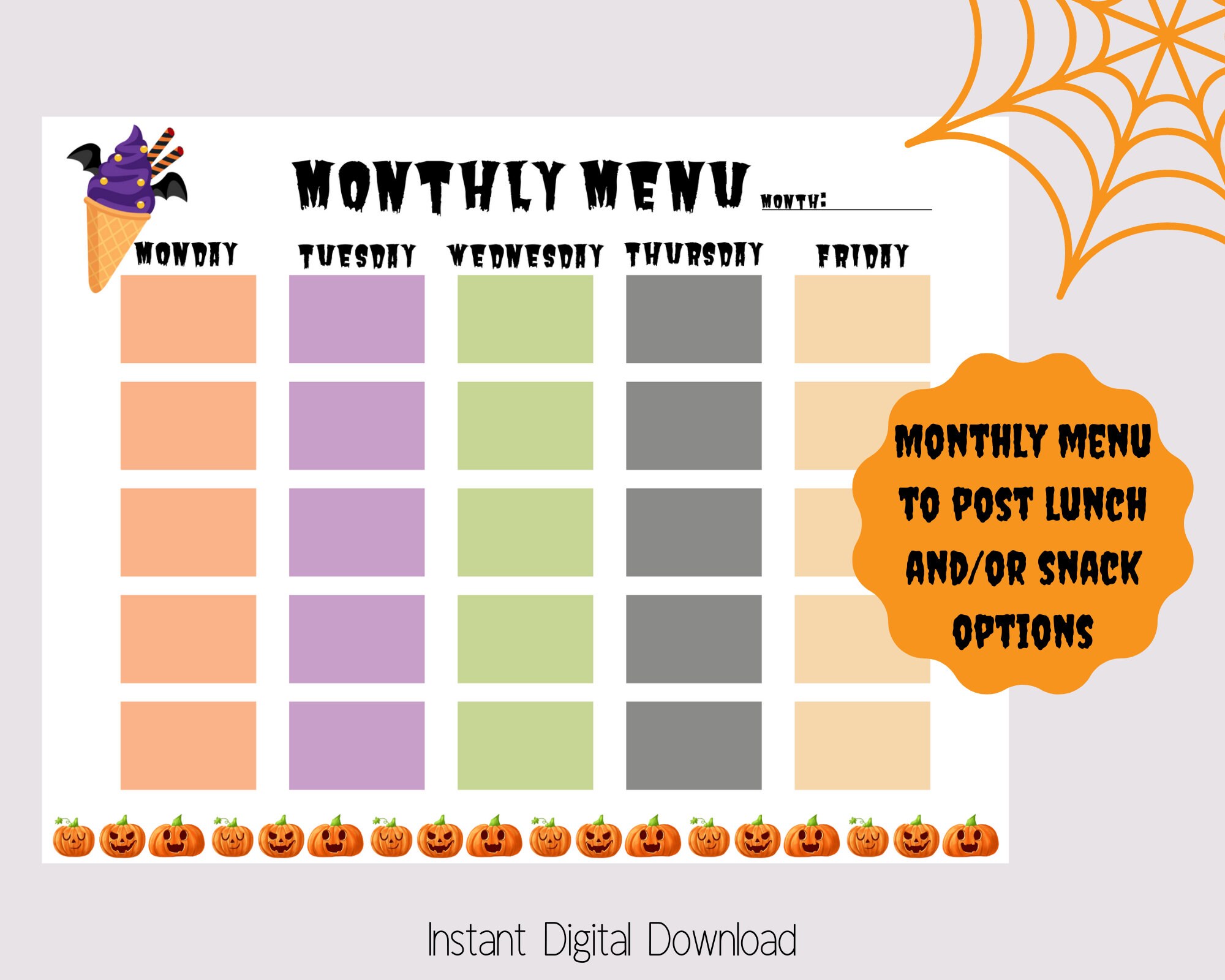 Halloween School Lunch Menu Printable Weekly Lunch Menu - Etsy