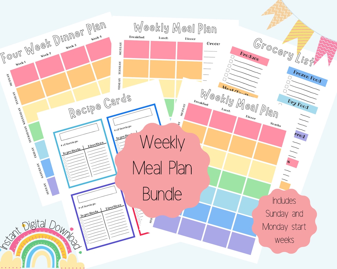 Rainbow Meal Plan Bundle Printable, Meal Prep, Menu Planner, Breakfast ...