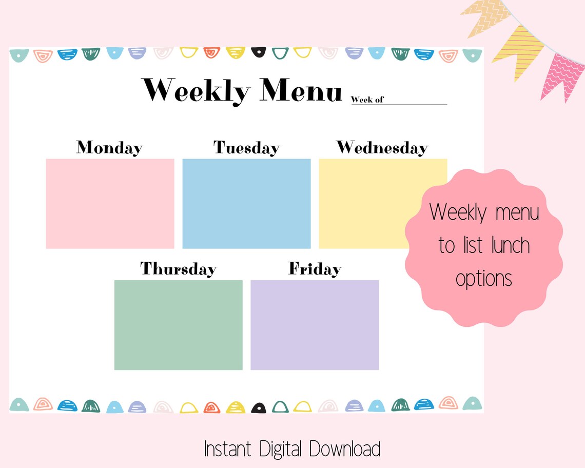 Printable School Lunch Menu, Weekly Lunch Menu Template, Monthly Lunch ...