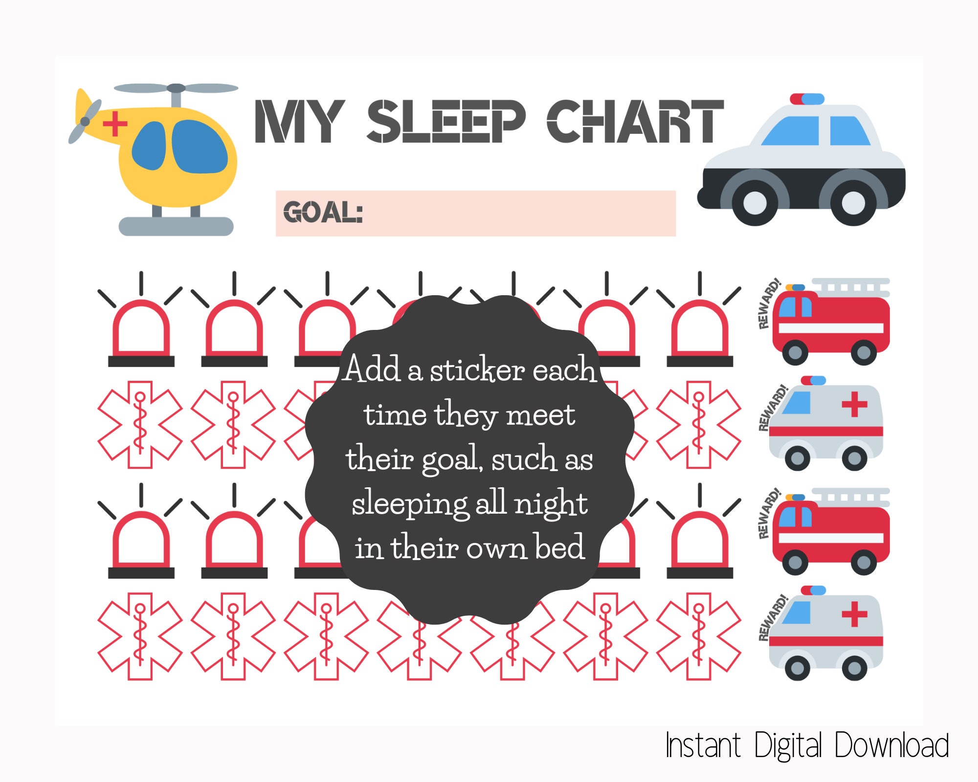 Printable Sleep Sticker Chart Emergency Vehicles Reward Chart - Etsy