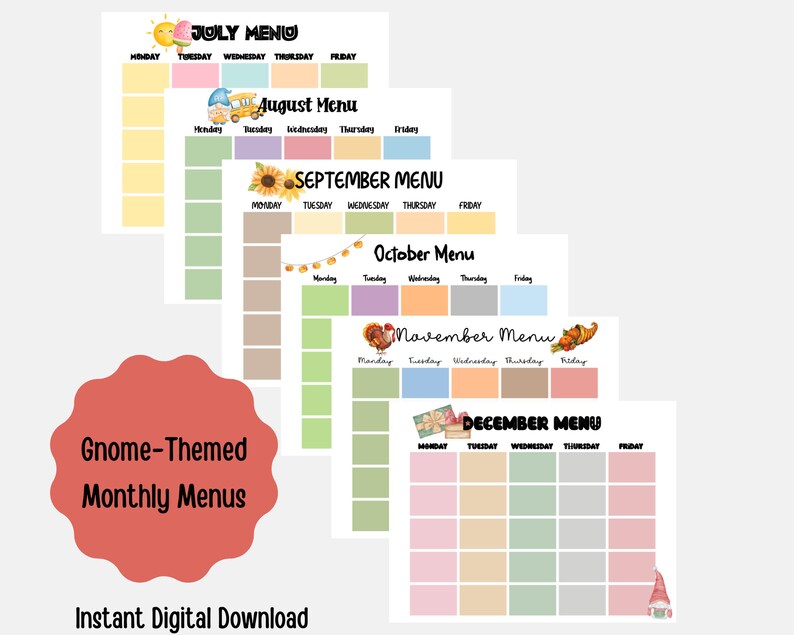 Full Year Weekly & Monthly Meal Planner Printables, Gnome-themed Menu ...