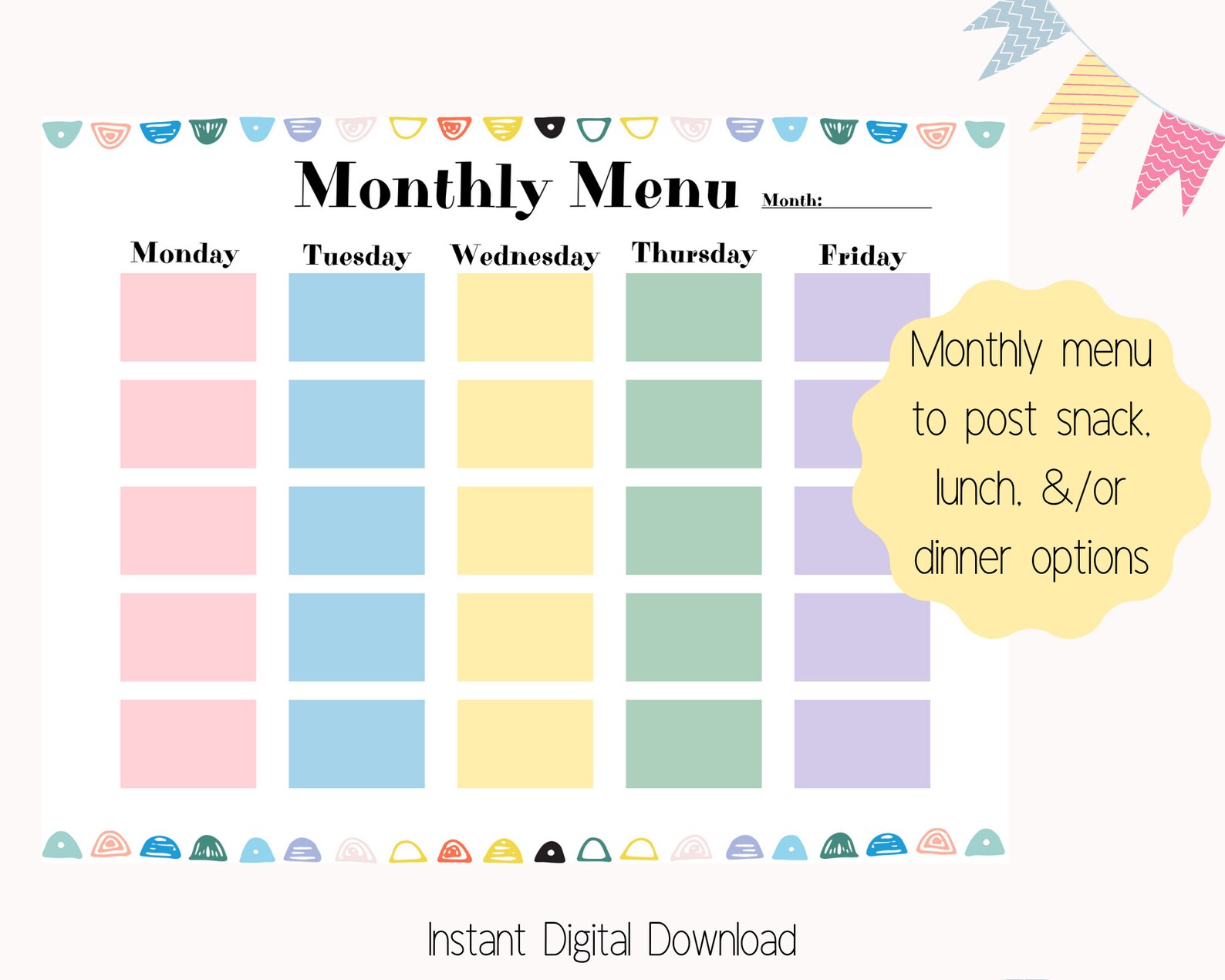 Printable Rainbow Menu Bundle, Daycare/preschool Menu, Weekly Lunch ...