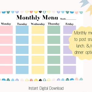 Printable Rainbow Menu Bundle, Daycare/preschool Menu, Weekly Lunch ...