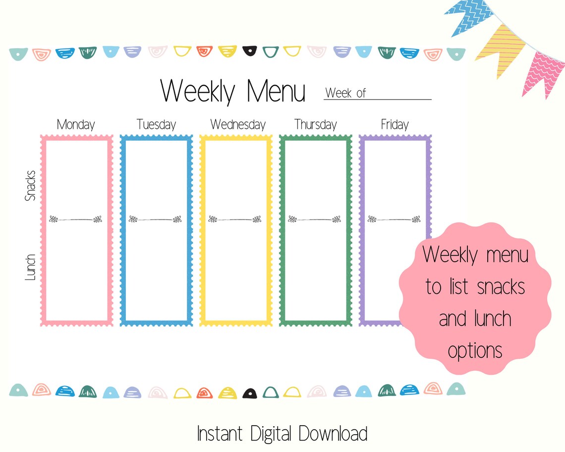 Printable Daycare or Preschool Menu, Weekly Snack & Lunch Menu, Monthly ...