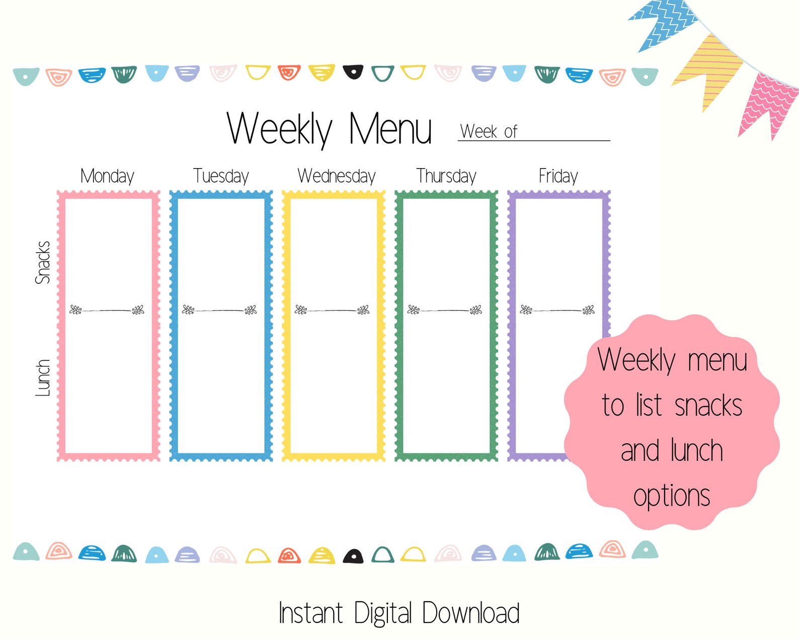 Printable Daycare or Preschool Menu, Weekly Snack & Lunch Menu, Monthly ...