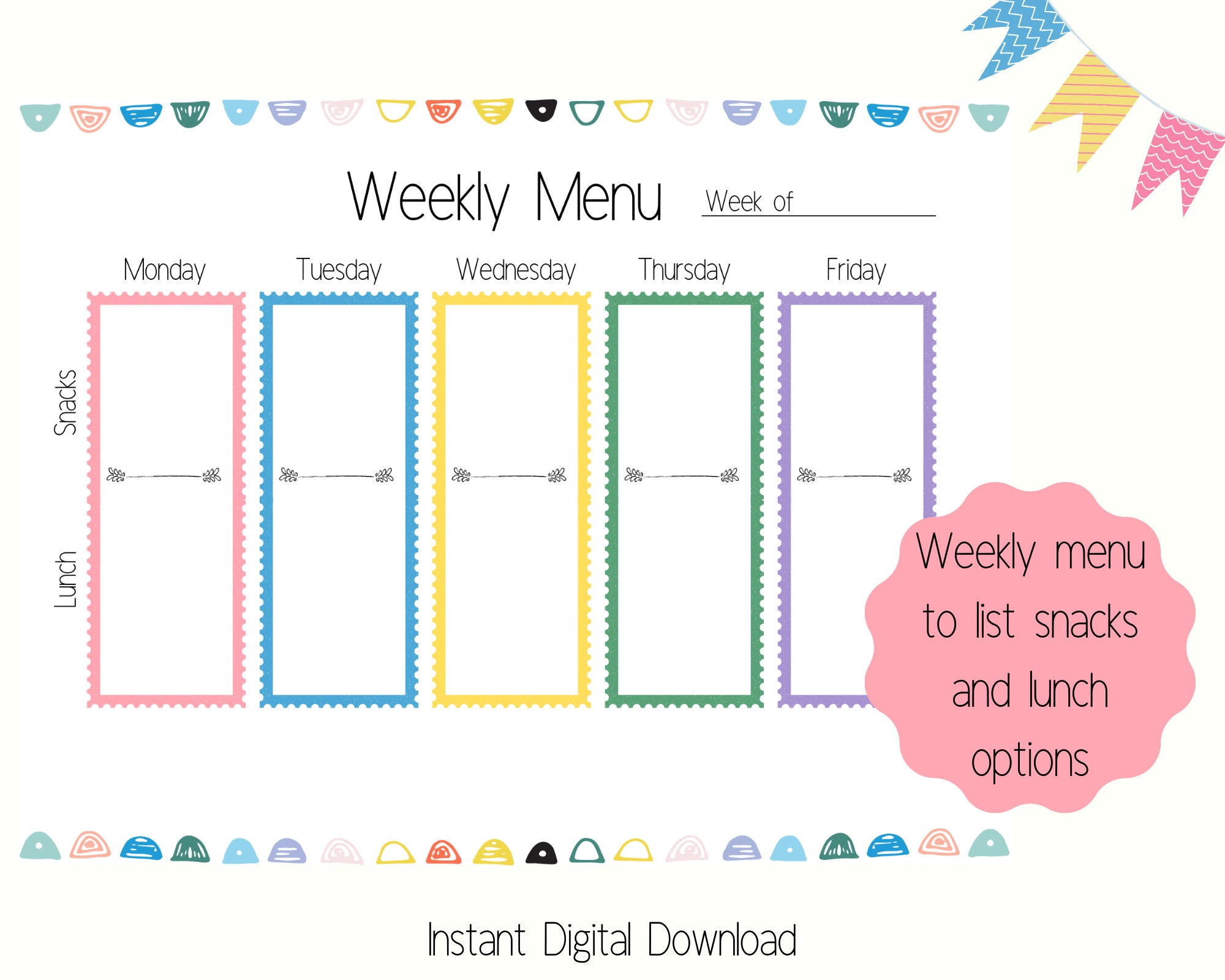 Menu imprimable de garderie ou préscolaire, menu de collation et de ...