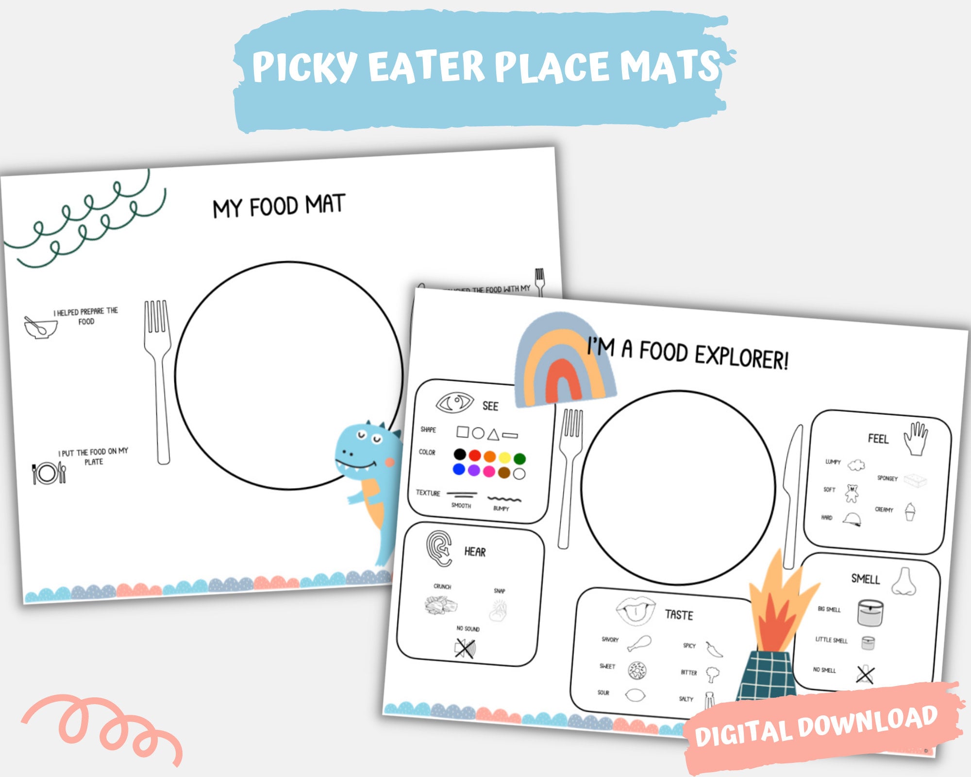 Printable Dinosaur Place Mats for Picky Eaters, Food Explorer Worksheet ...