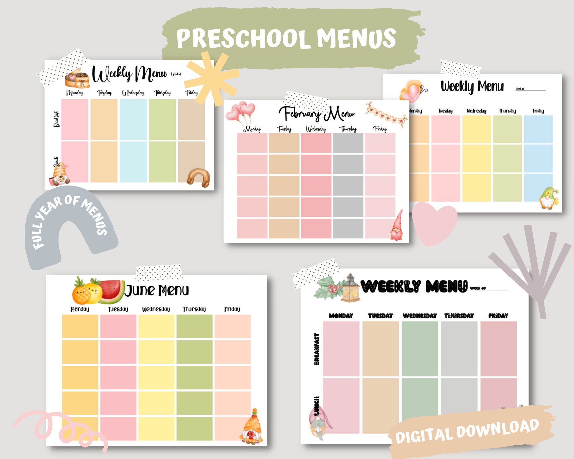 Printable Weekly & Monthly Childcare and Preschool Menus, Seasonal Meal ...