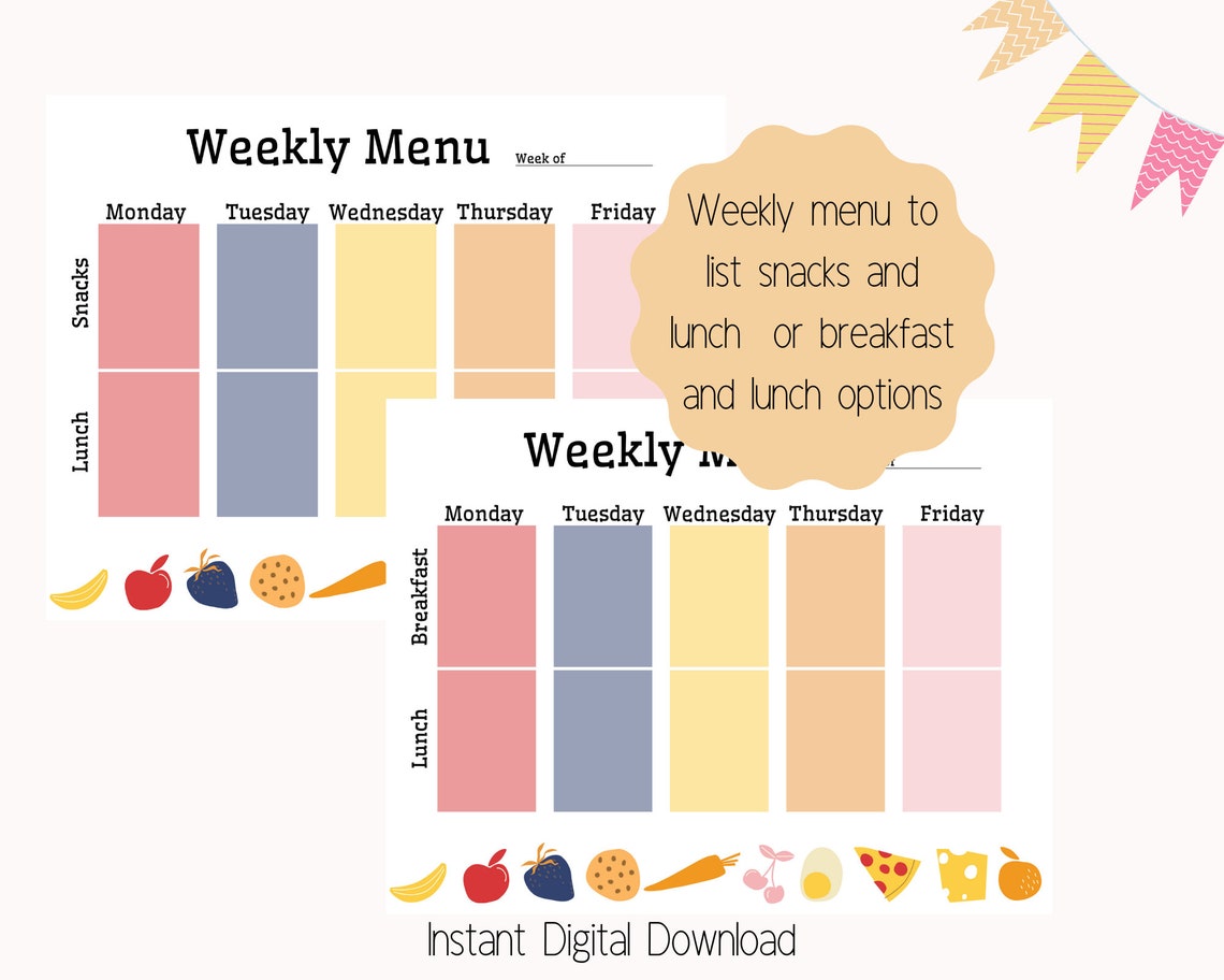 Printable Daycare/preschool Menu, Food Theme, Weekly Snack & Lunch Menu ...
