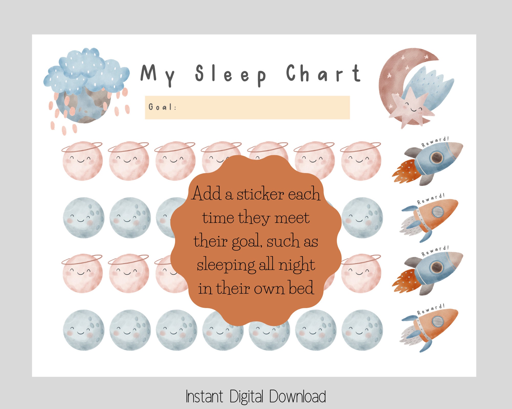 Space Sleep Sticker Chart Printable, Reward Chart for Toddlers and ...