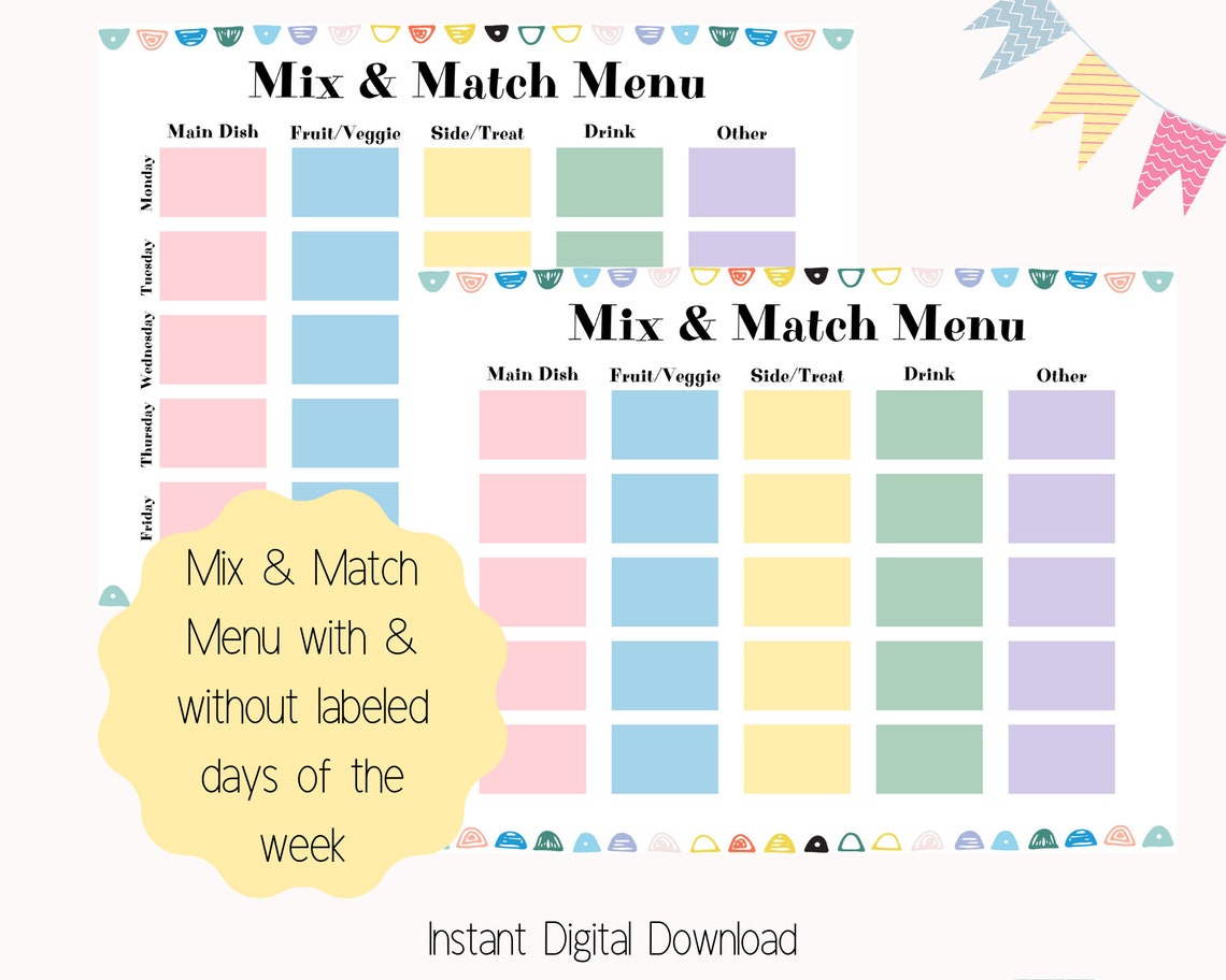 Printable Rainbow Menu Bundle, Daycare/preschool Menu, Weekly Lunch ...