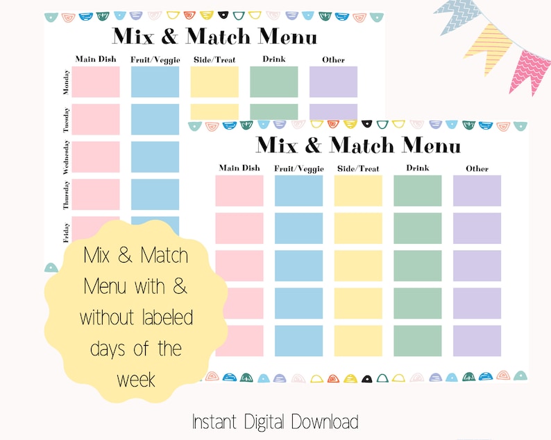 Printable Rainbow Menu Bundle, Daycare/preschool Menu, Weekly Lunch ...