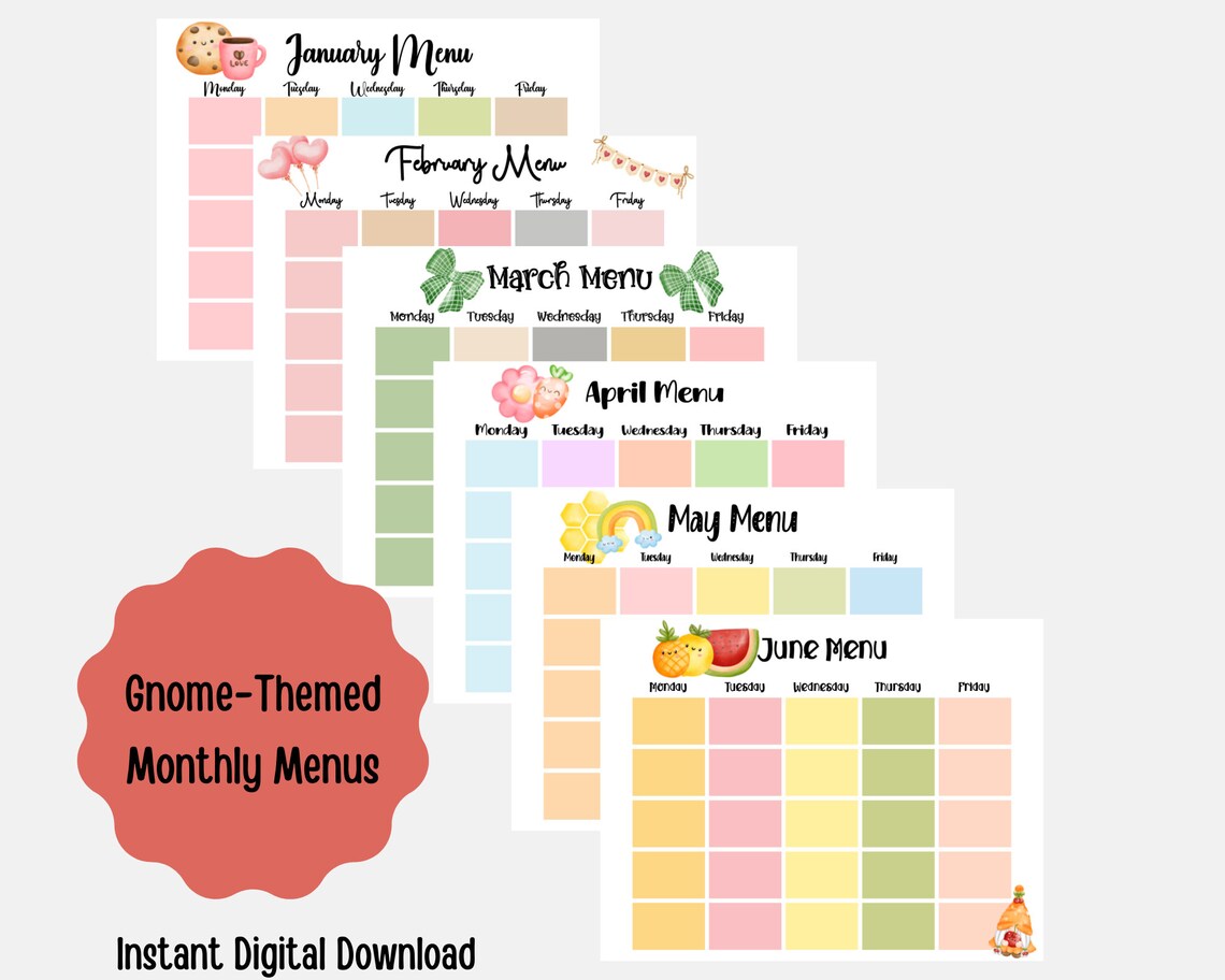 Full Year Weekly & Monthly Meal Planner Printables, Gnome-themed Menu ...