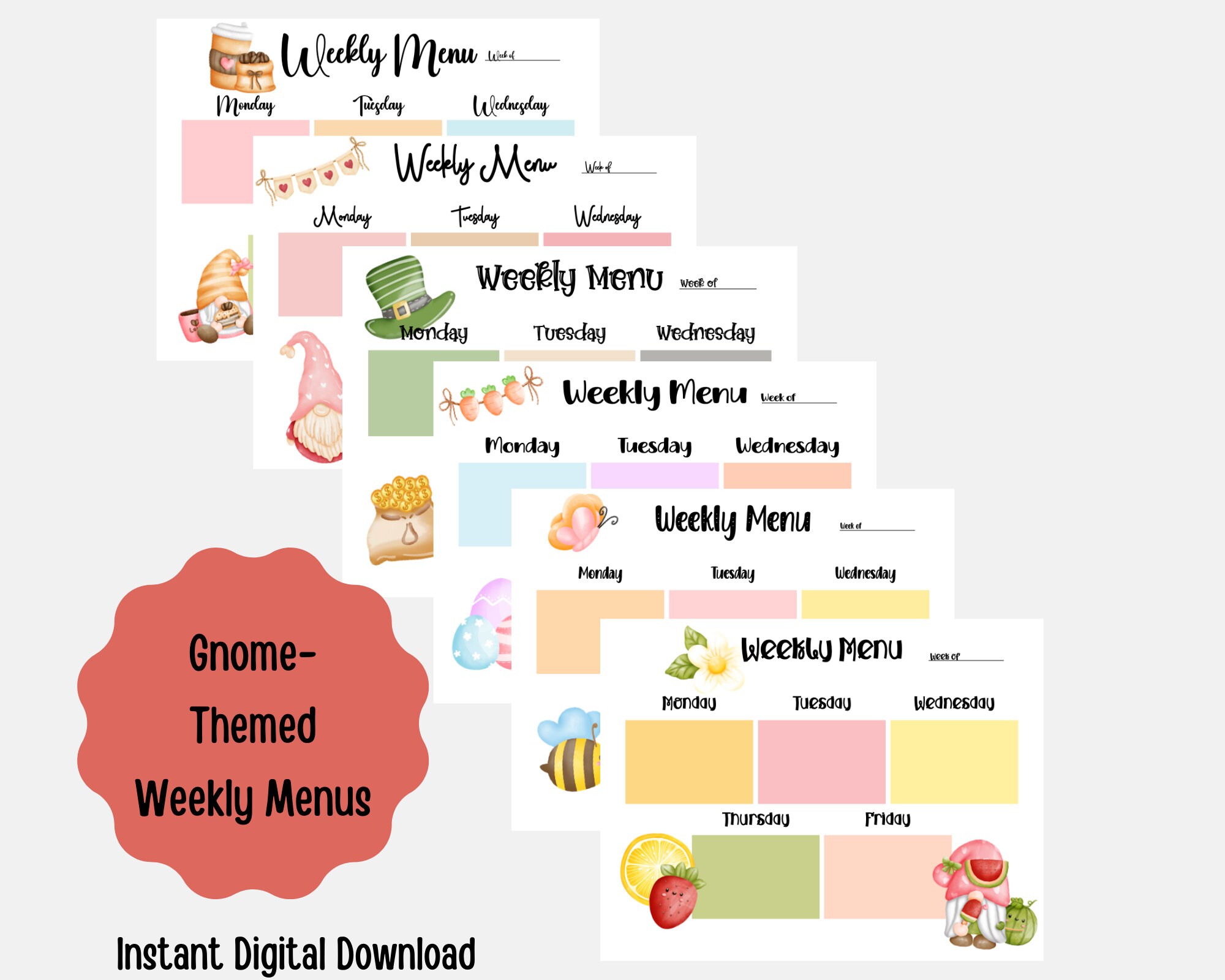 Full Year Weekly & Monthly Meal Planner Printables, Gnome-themed Menu ...