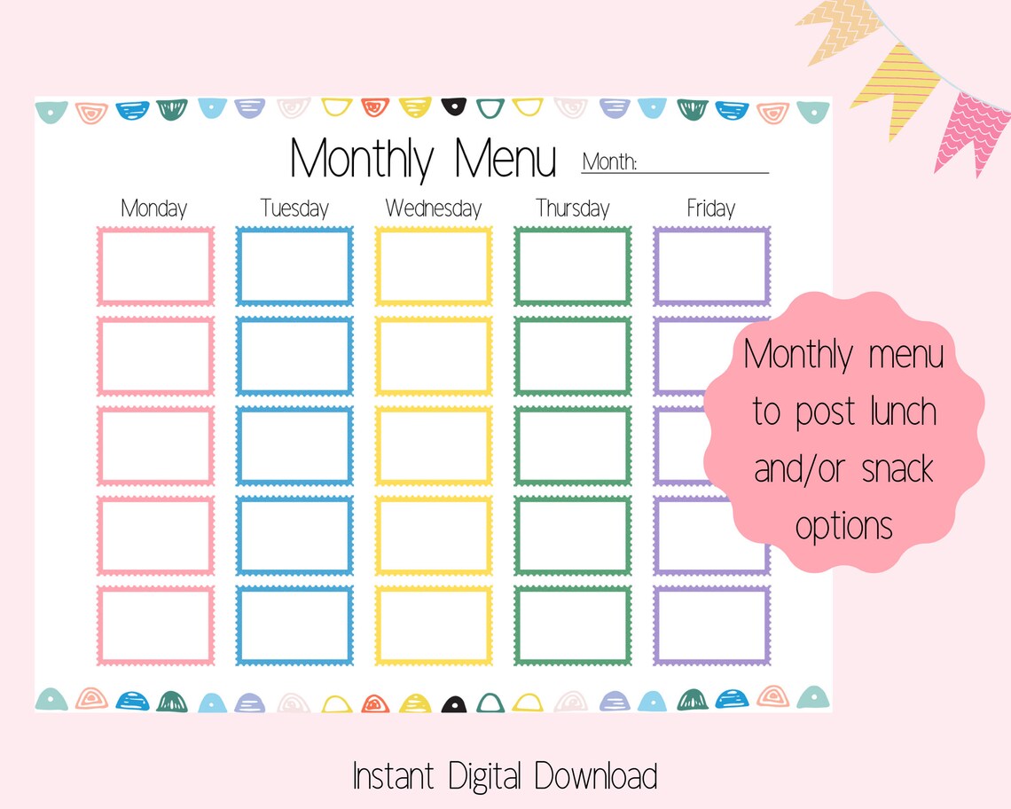 School Lunch Menu Printable Weekly Lunch Menu Template - Etsy