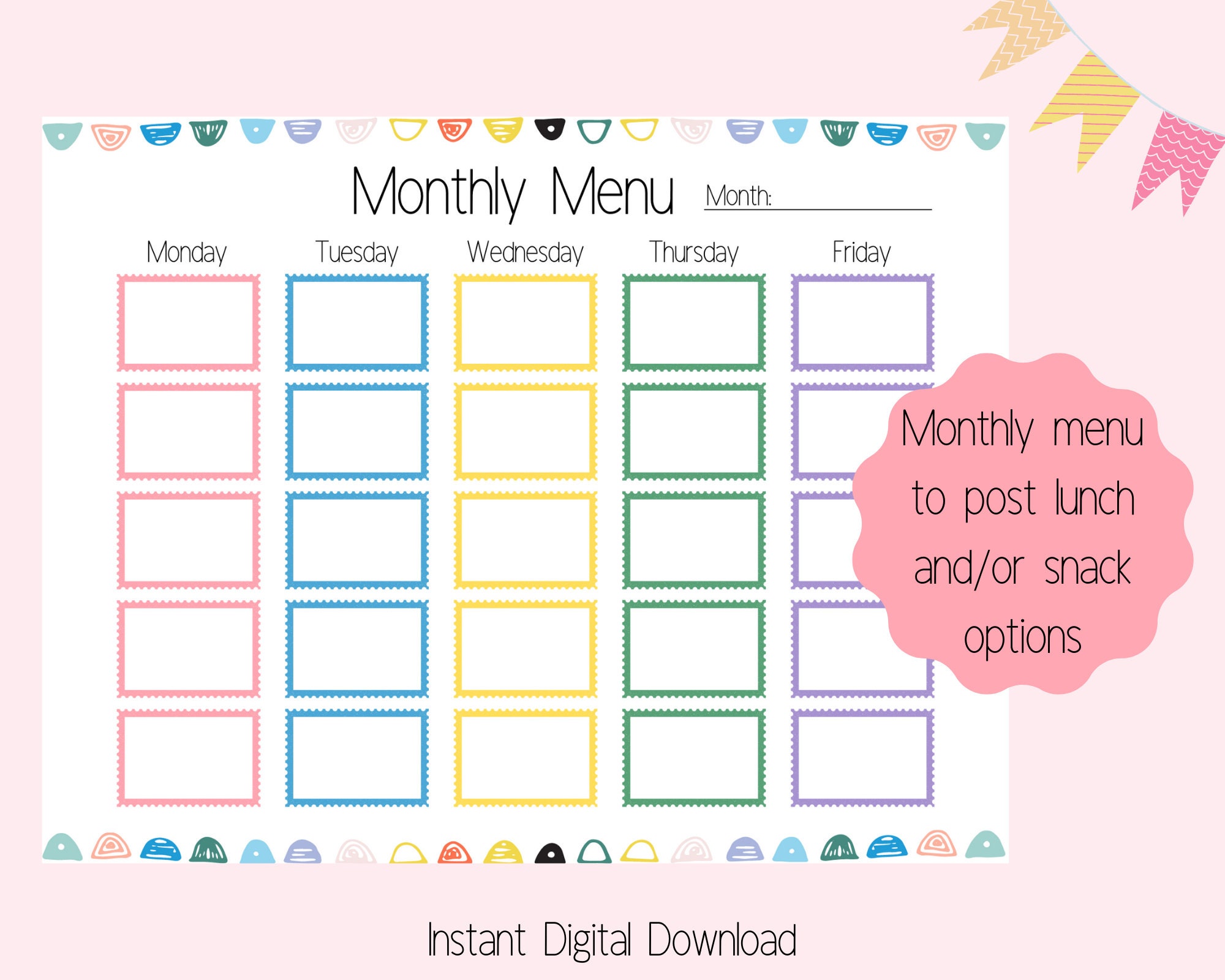 School Lunch Menu Printable, Weekly Lunch Menu Template, Monthly Lunch ...
