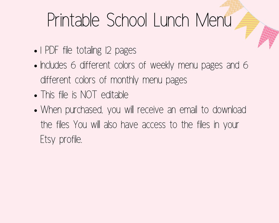 School Lunch Menu Printable Weekly Lunch Menu Template - Etsy