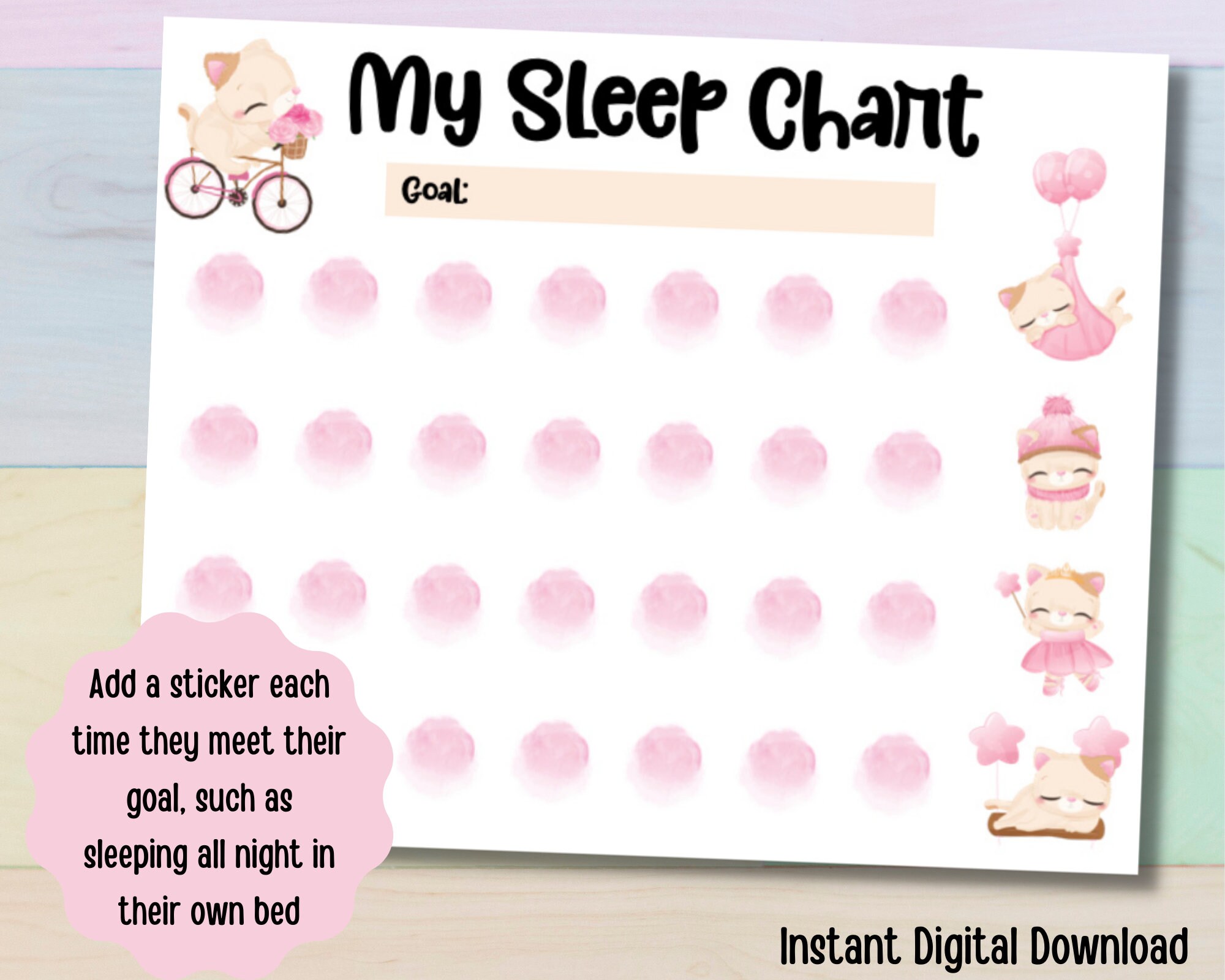 Sleep Sticker Chart Printable, Pink Sleeping Kitten Reward Chart for ...