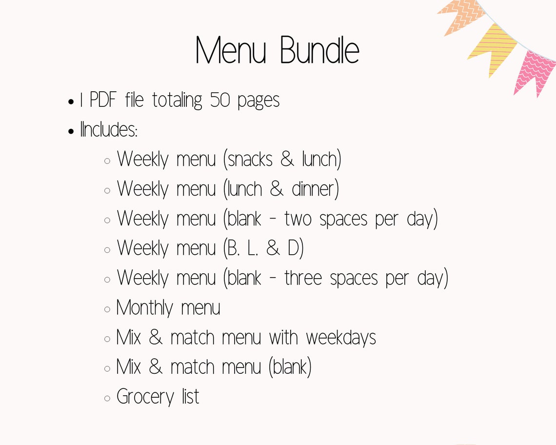 Printable Menu Bundle, Daycare/preschool Menu, Weekly Lunch Menu ...