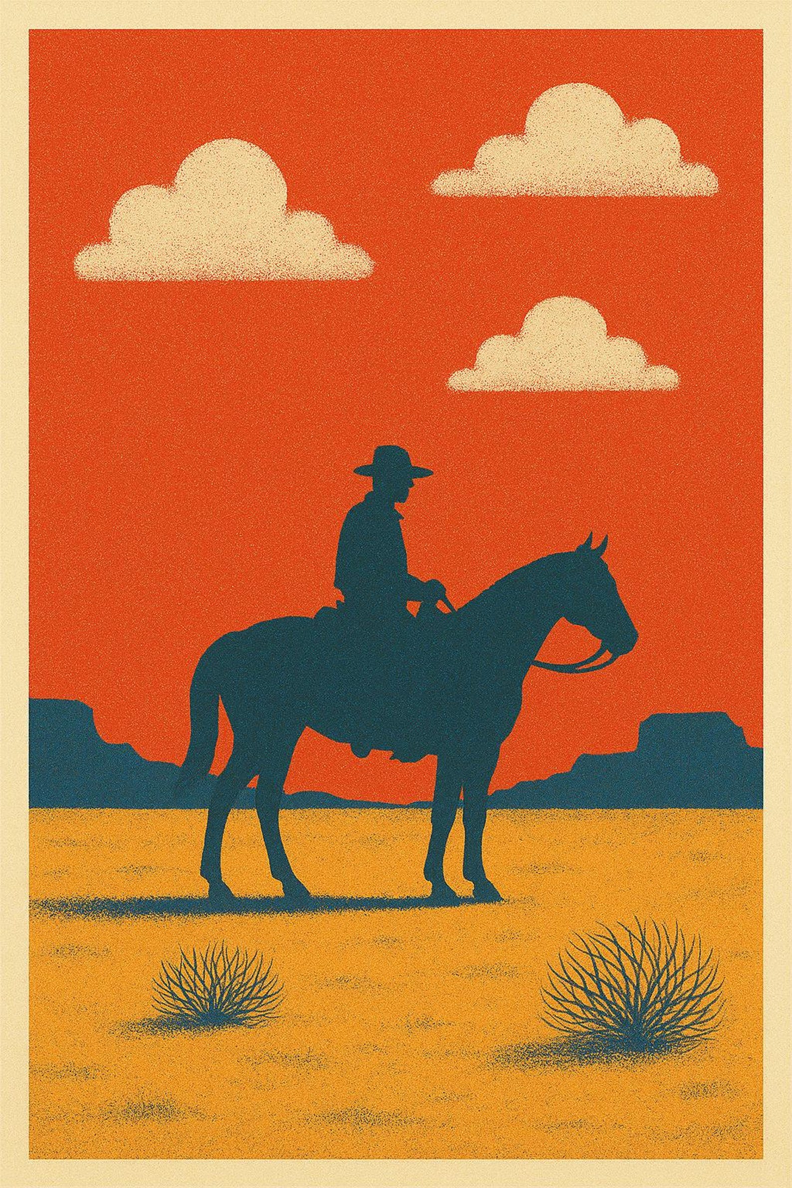 Vintage Style Cowboy Horse Poster | Vintage Risograph Inspired Style ...
