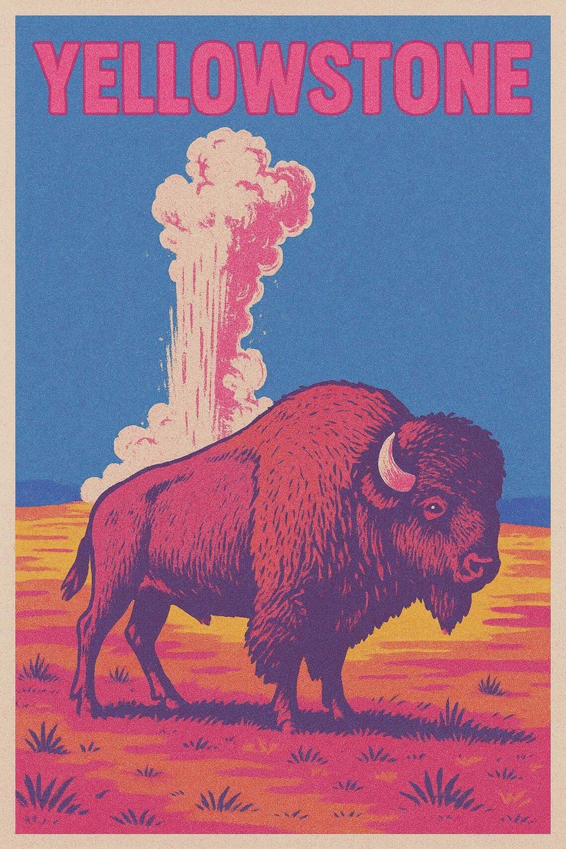 Vintage Yellowstone Poster: Retro Bison & Geyser Print (digital Print ...