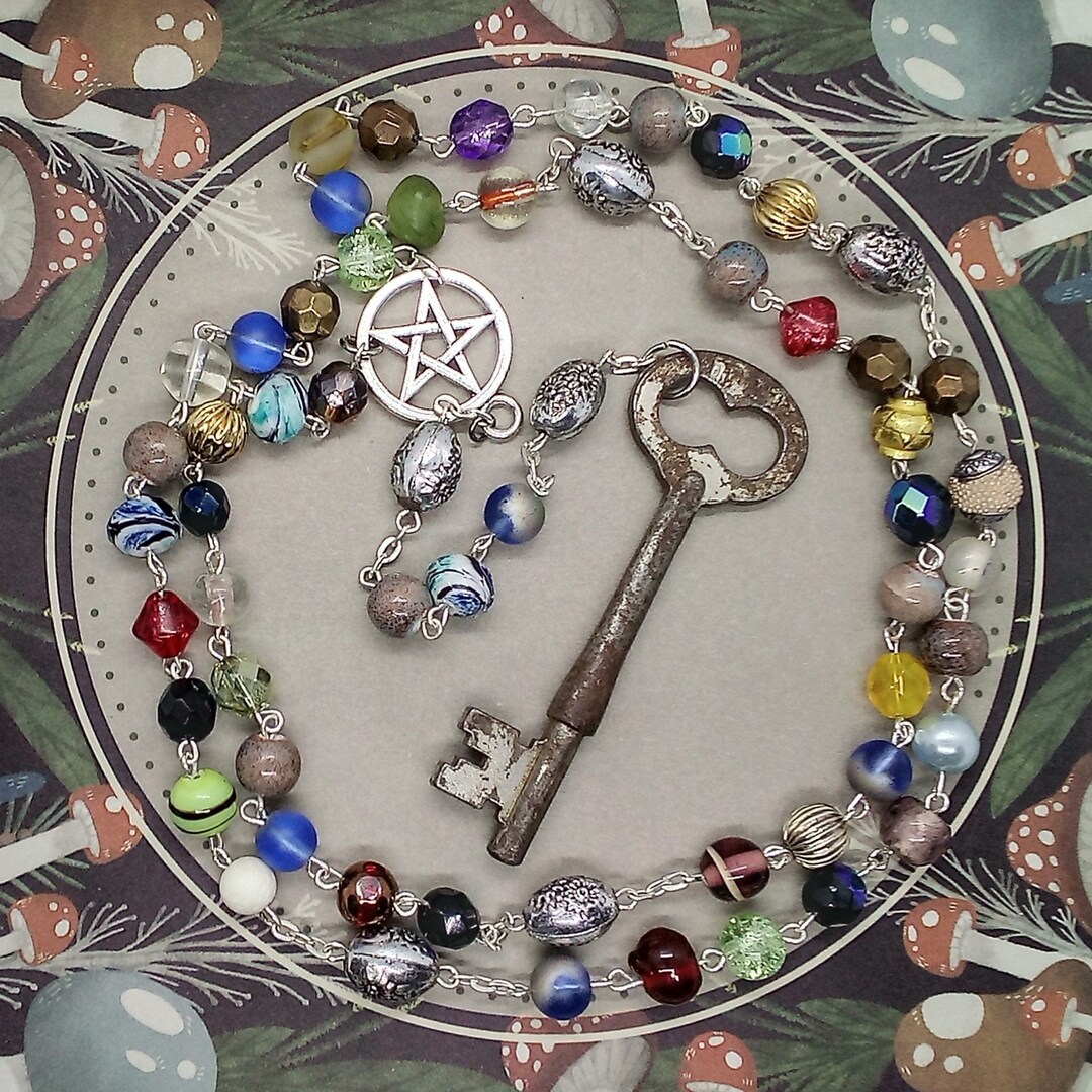 Eclectic Skeleton Key Pentacle Rosary Necklace, Mismatched Pagan Prayer ...