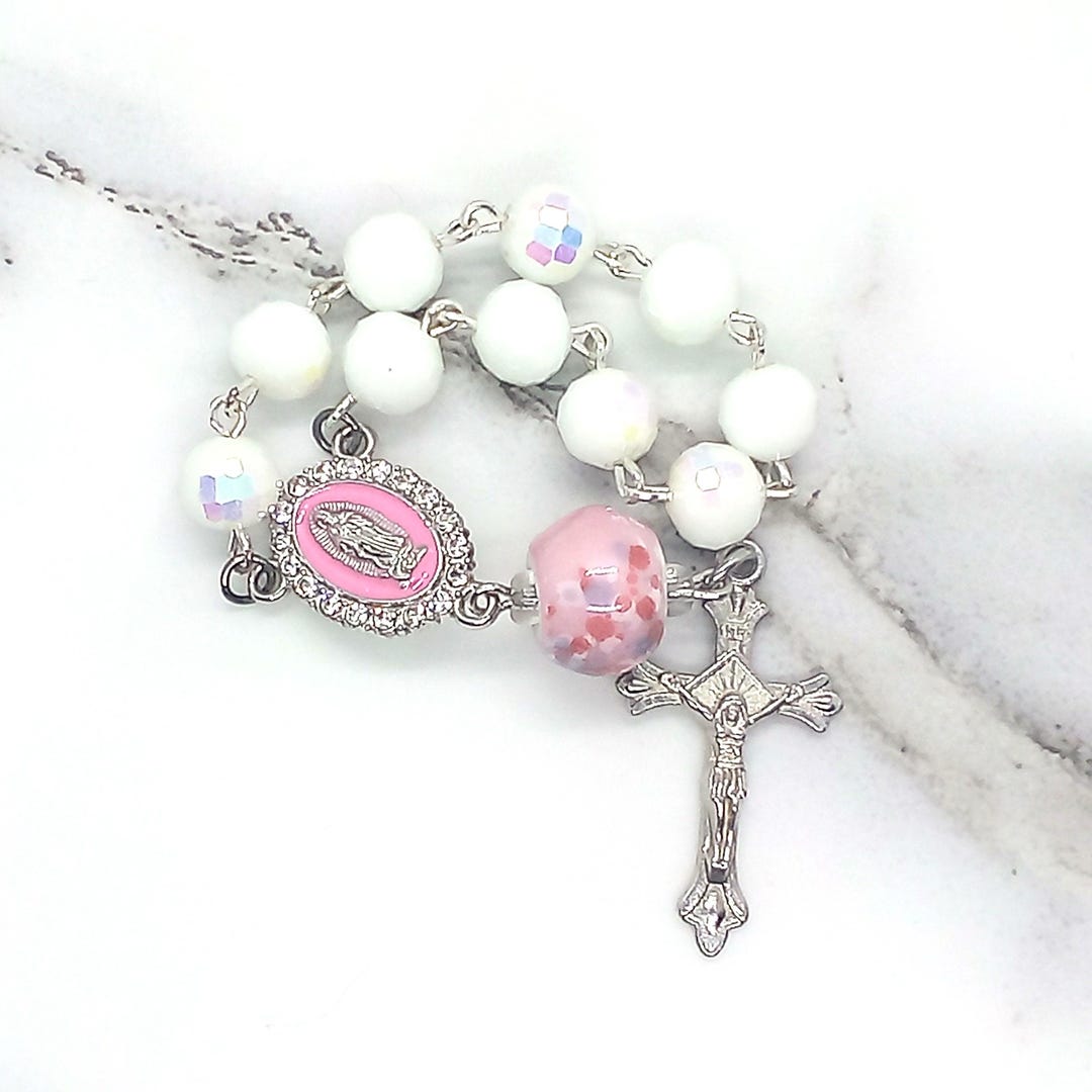 Virgen De Guadalupe Pink and White Rosary Tenner, Our Lady of Guadalupe ...