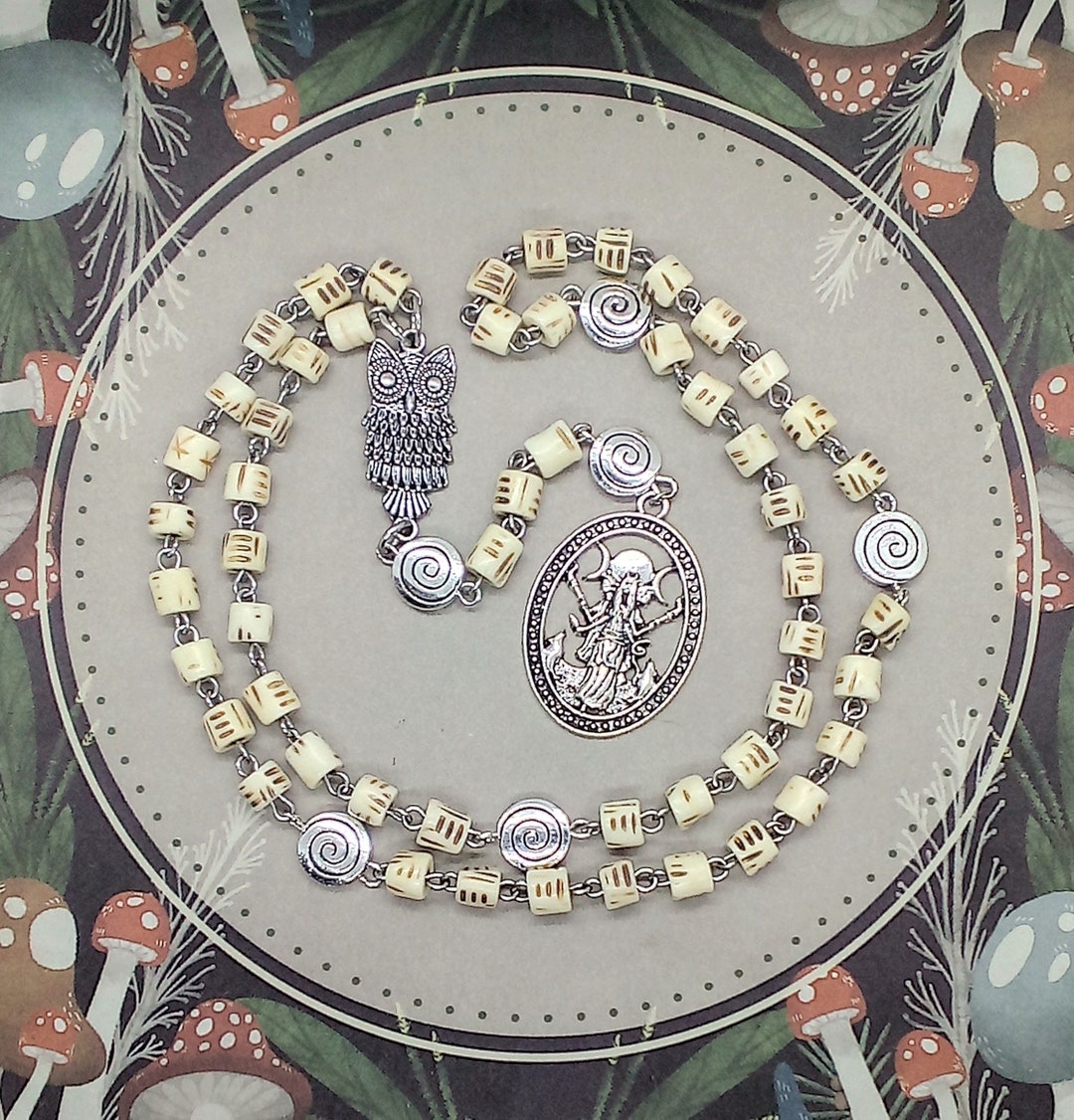 Triple Moon Goddess Bone Rosary, Hekate Owl Prayer Beads, Dark Goddess ...