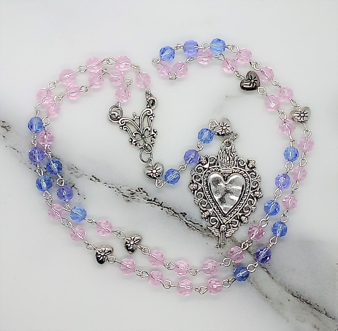 Pink Crystal Sacred Heart Catholic Rosary, Pretty Handmade OOAK ...