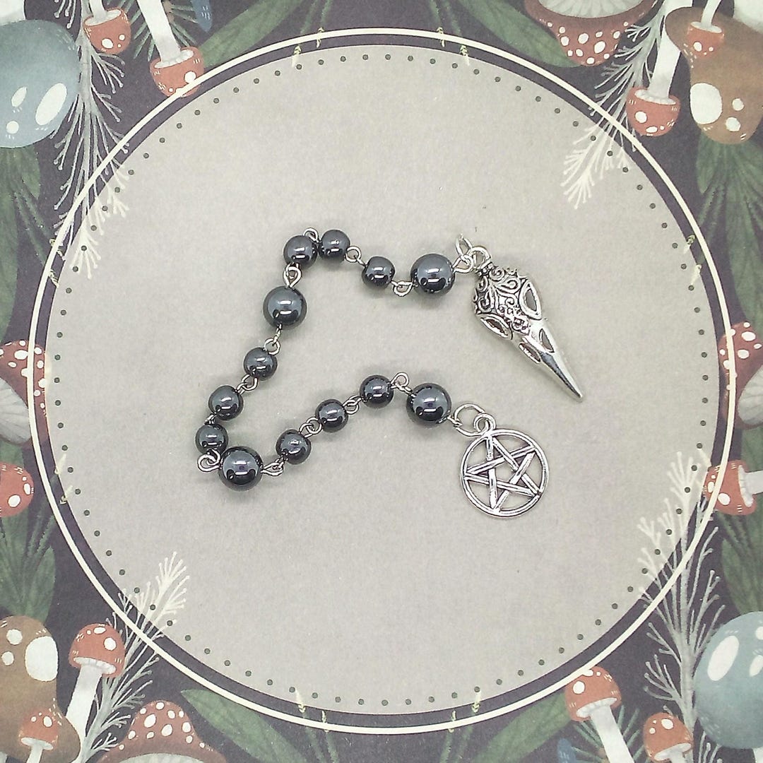 Nine Bead Raven Skull Pagan Mala, Pentacle Witchs Ladder, Pentagram ...