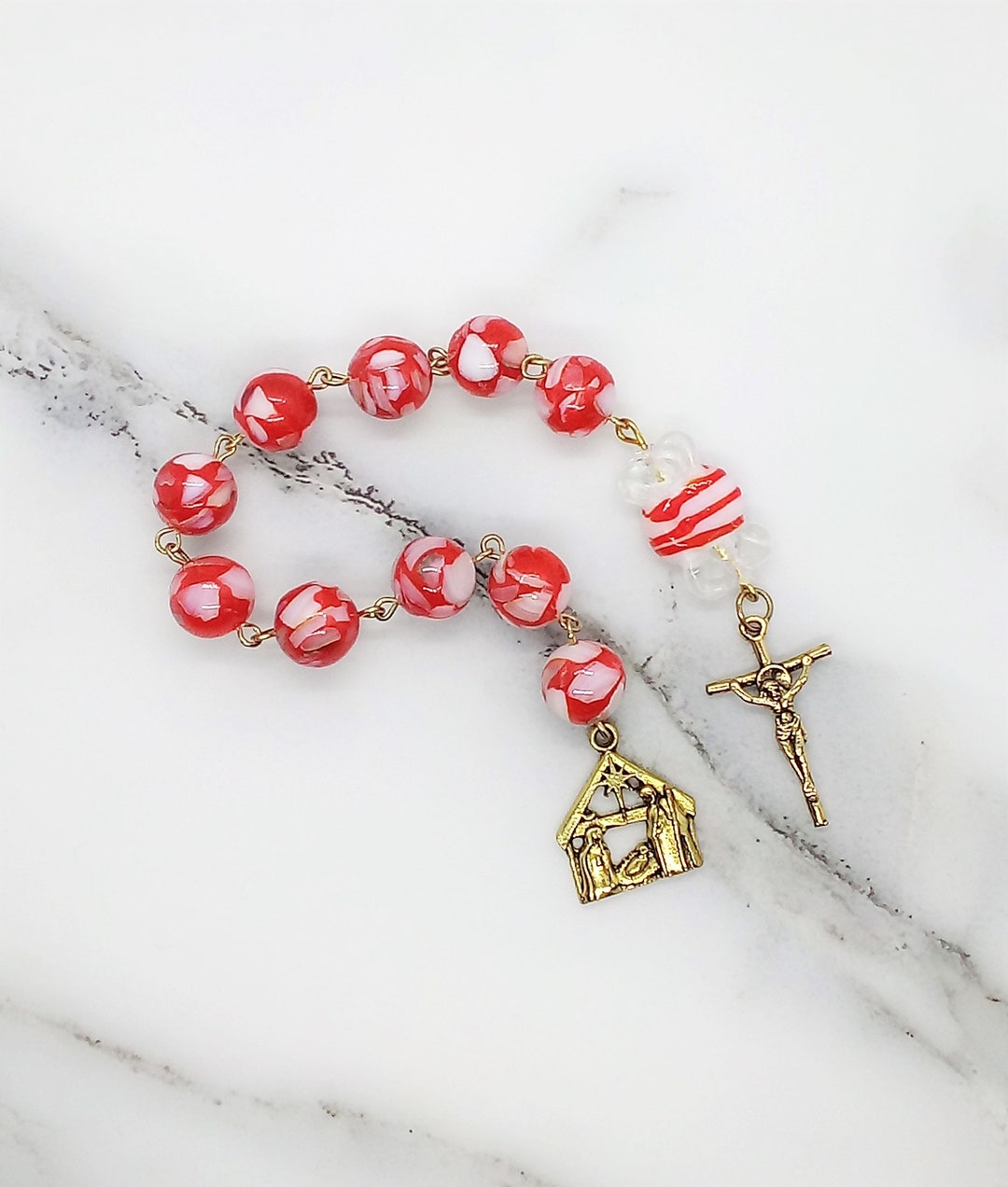 Nativity Christmas Rosary Tenner for Teens, Red and White Rosary ...