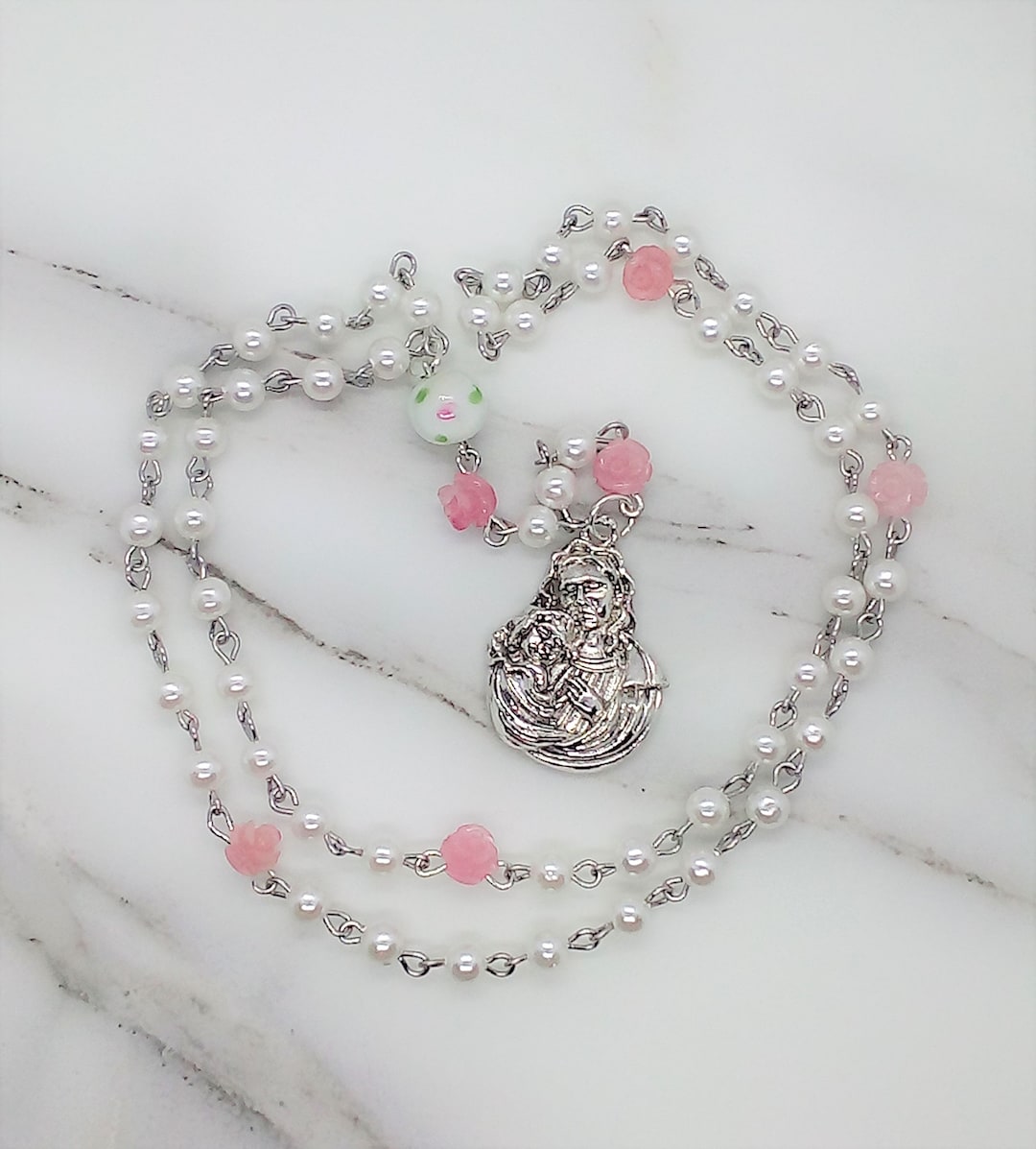 Pearls and Roses Mother Goddess Rosary, Handmade Goddess Prayer Beads ...