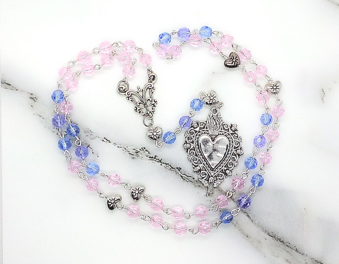 Pink Crystal Sacred Heart Catholic Rosary, Pretty Handmade OOAK ...