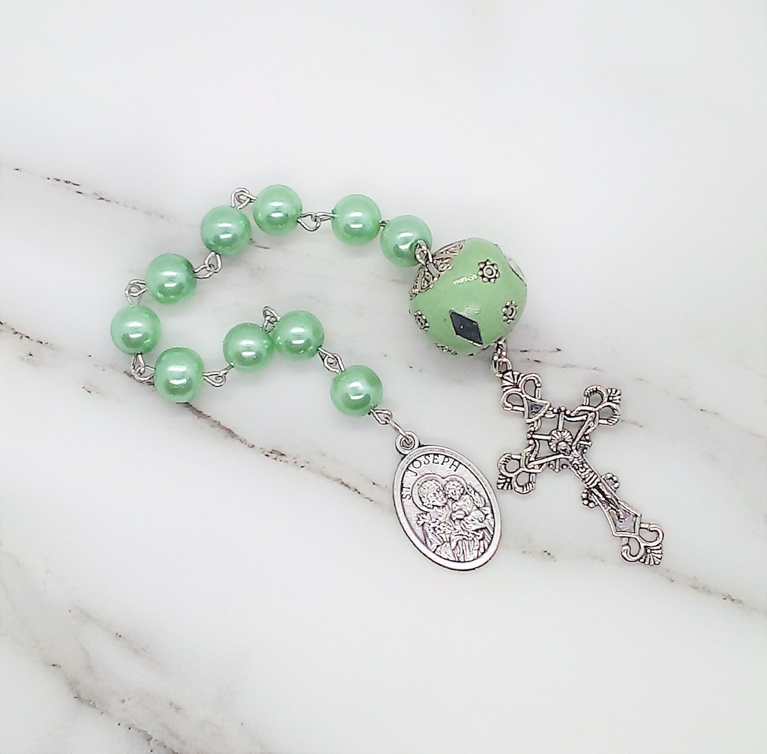 Handmade Green Pearl St Joseph Rosary Tenner, Holy Family Chaplet ...