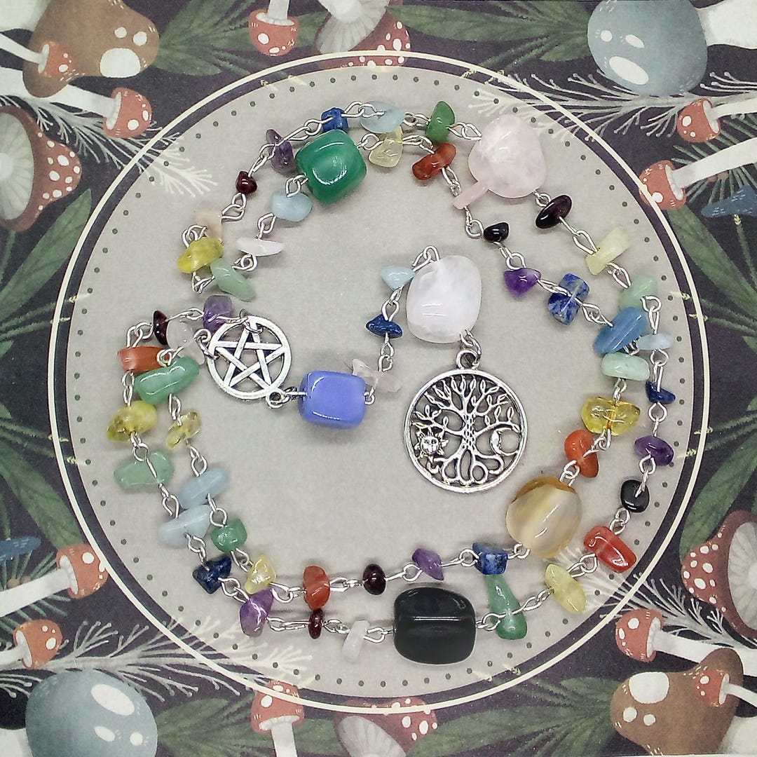 Gemstone Chip Pentacle Tree of Life Rosary Necklace, Pagan Prayer Beads ...