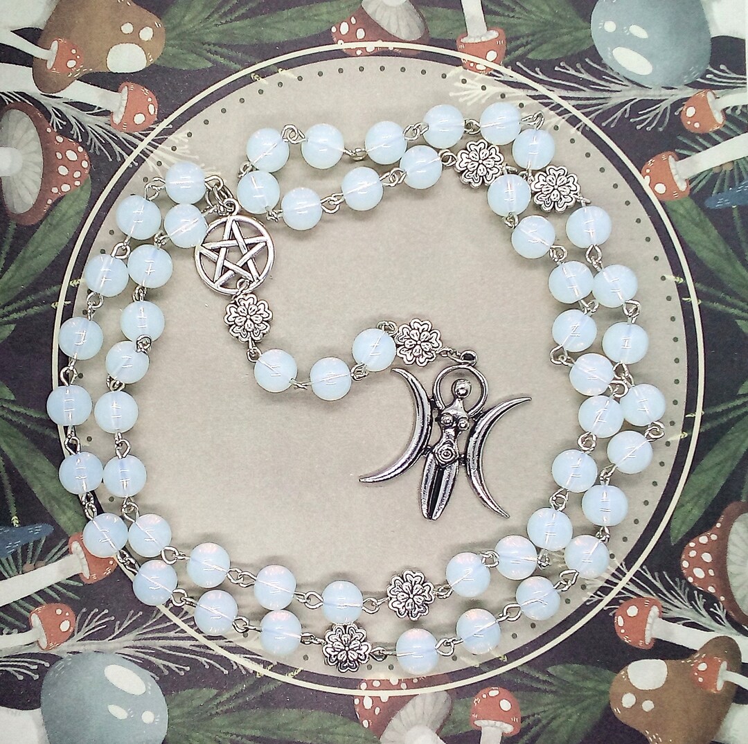 Moon Goddess Rosary Necklace, Opalite Pagan Prayer Beads, Wearable Wiccan Rosary, Pagan Gifts ...
