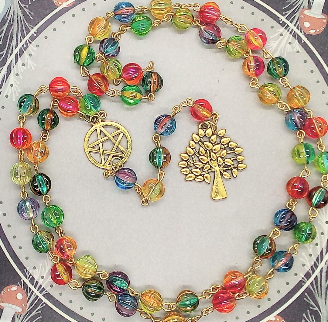 Colorful Wiccan Tree of Life Pentacle Rosary Necklace, Pagan Prayer ...