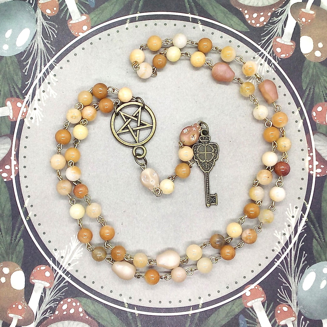 Agate Pentacle Key Witch Rosary, Wearable Pagan Goddess Prayer Beads ...