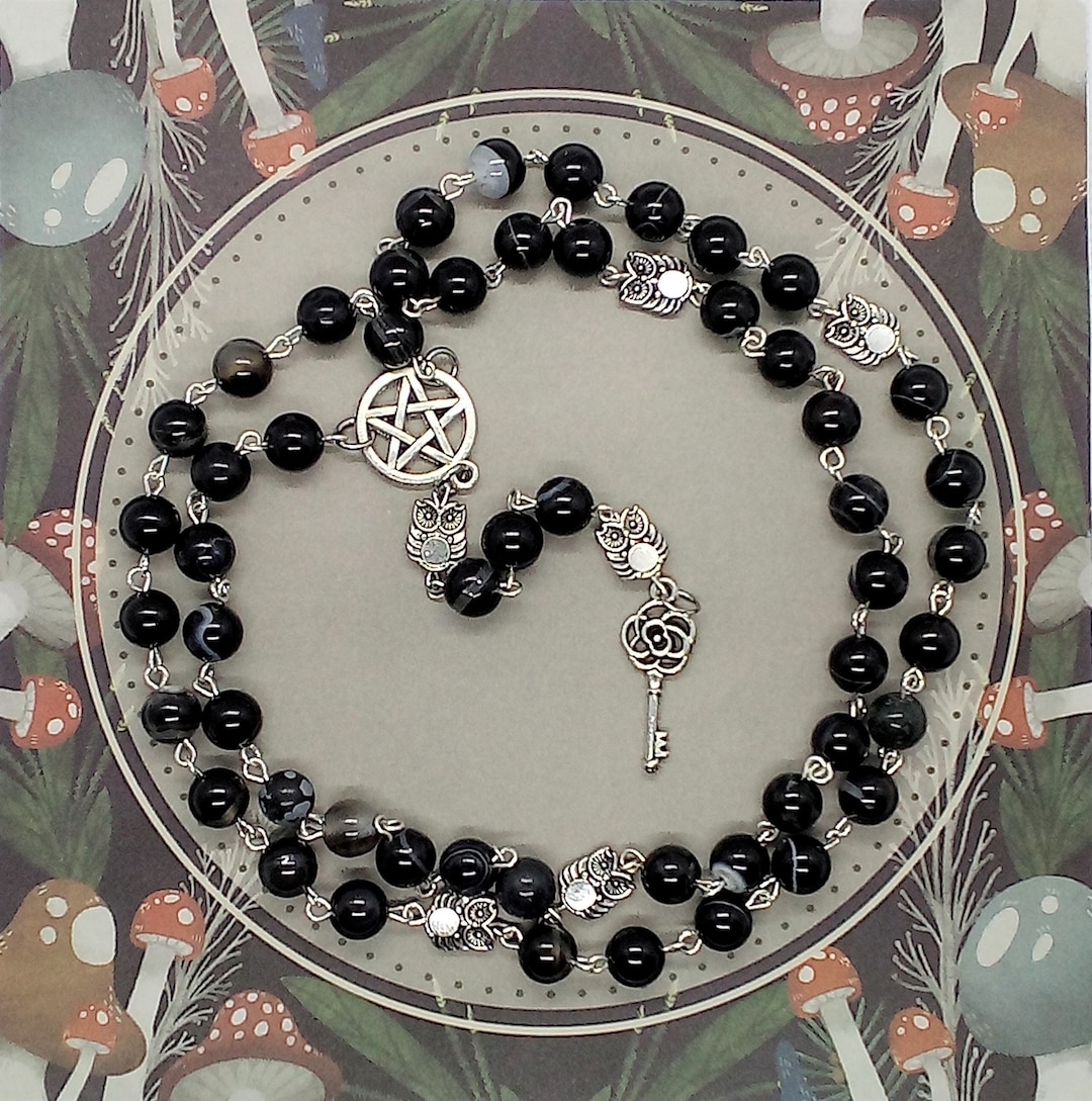 Goddess Wisdom Pentagram Key Witch Rosary, Hekate Prayer Beads, Dark ...