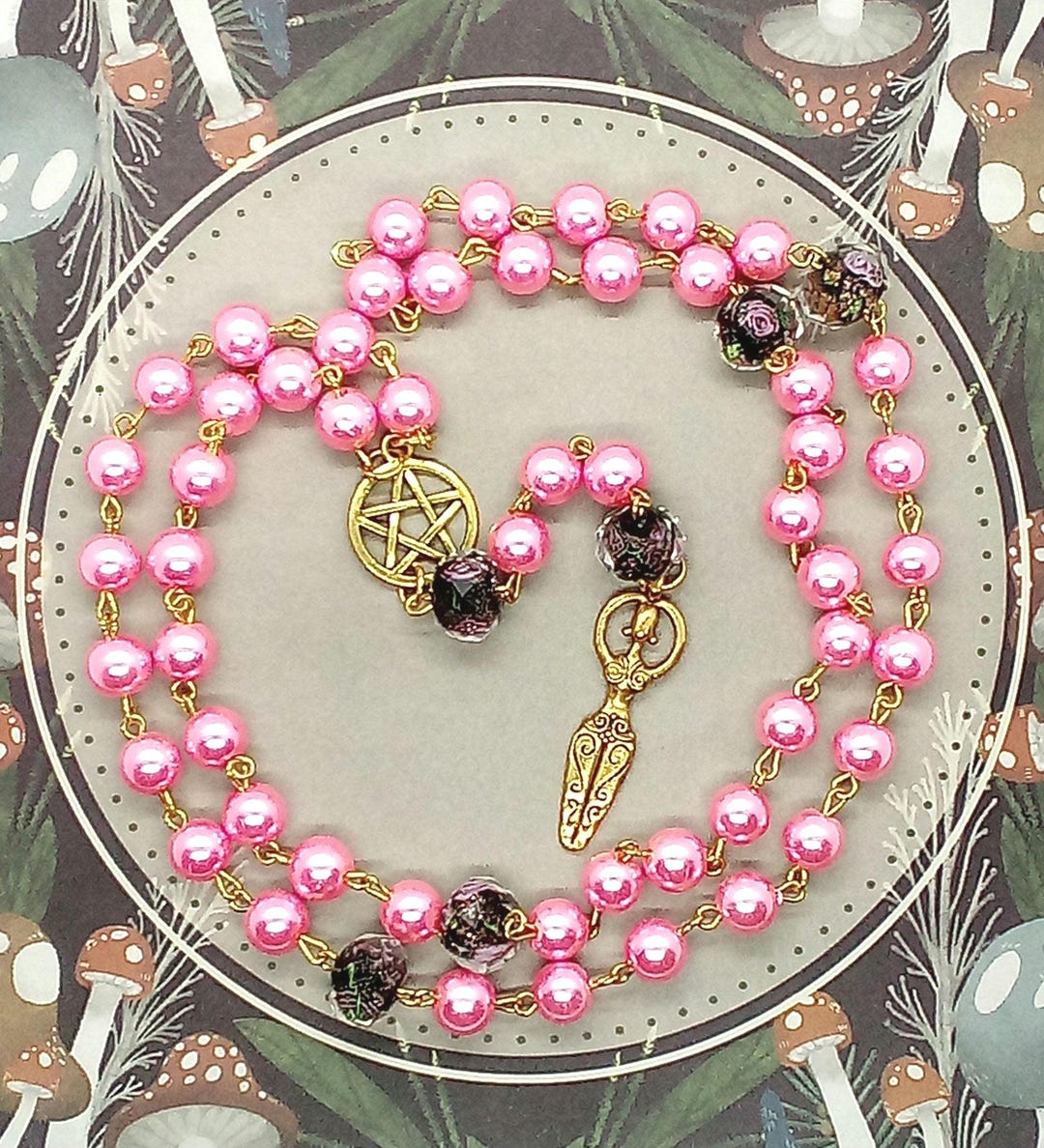Pink Pearl Spiral Goddess Rosary Necklace, Wearable Pentacle Pagan ...
