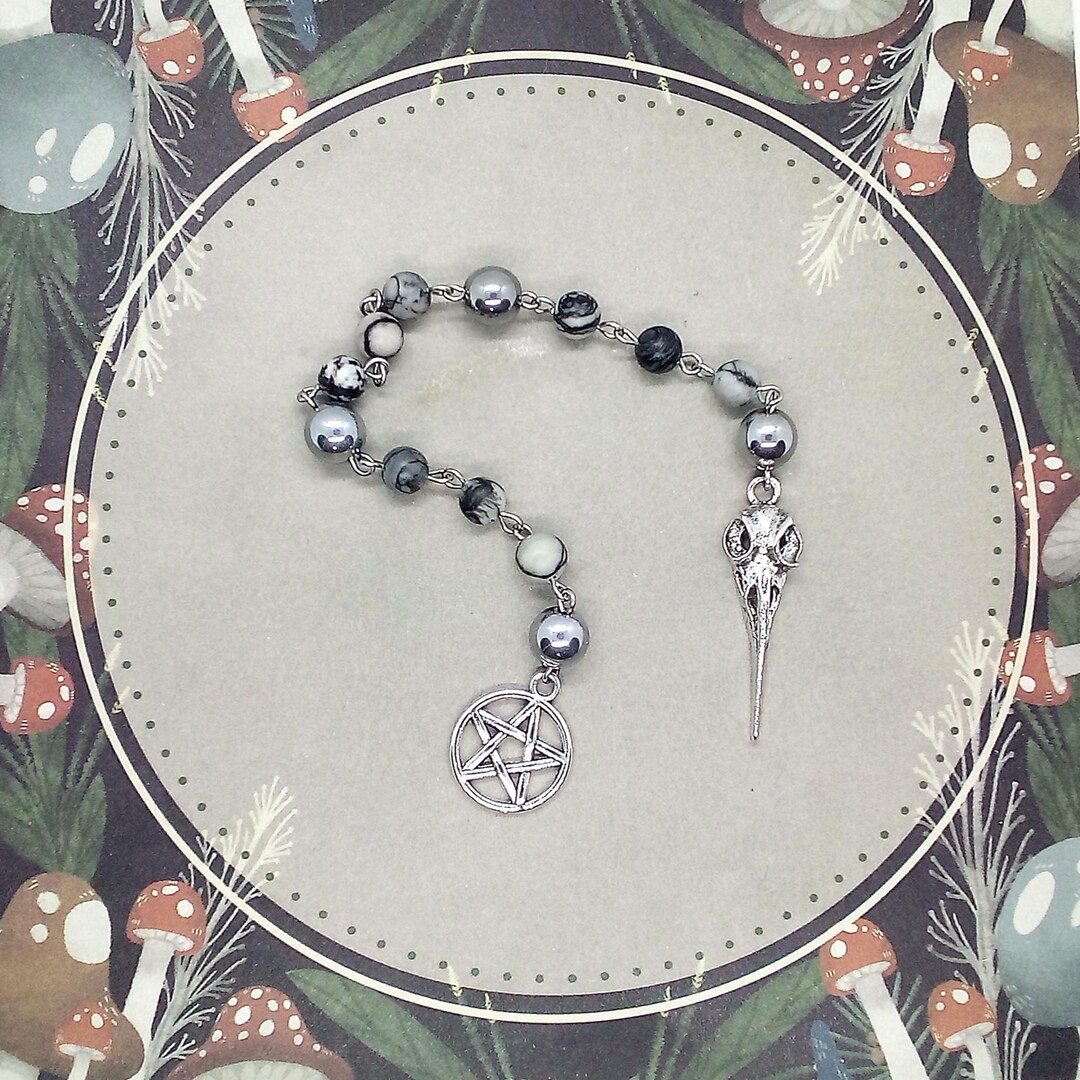 Nine Bead Raven Skull Pagan Mala, Pentacle Witchs Ladder, Pentagram ...