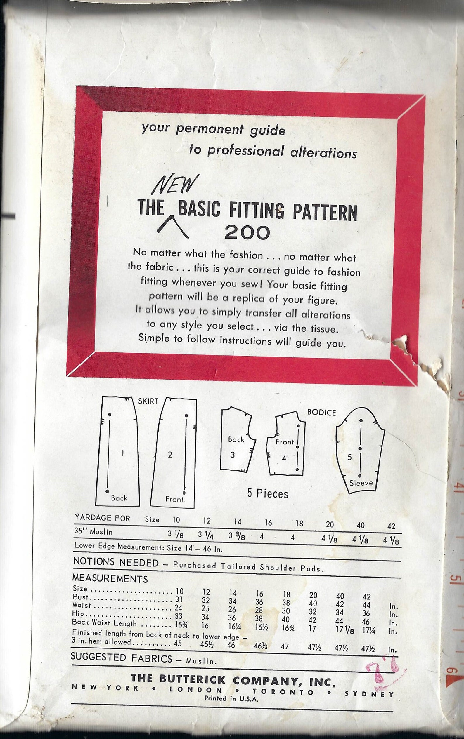 Butterick 200 the Basic Fitting Pattern Size 16 Uncut FREE - Etsy