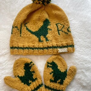 Kids Dinosaur Beanie Hat & Mittens Set Navy or Mustard in 2 Sizes 6 ...