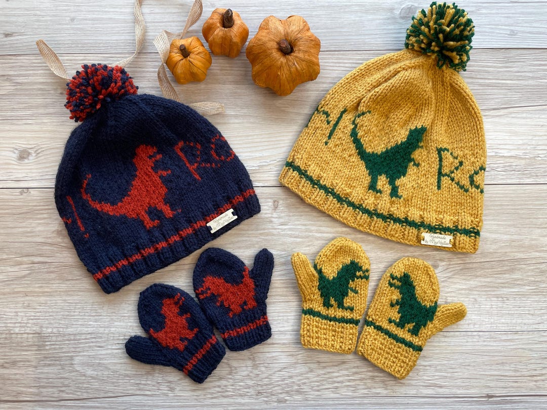 Kids Dinosaur Beanie Hat & Mittens Set Navy or Mustard in 2 Sizes 6 ...