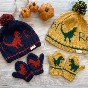 Kids Dinosaur Beanie Hat & Mittens Set Navy or Mustard in 2 Sizes 6 ...