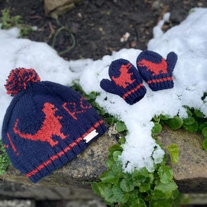 Kids Dinosaur Beanie Hat & Mittens Set Navy or Mustard in 2 Sizes 6 ...