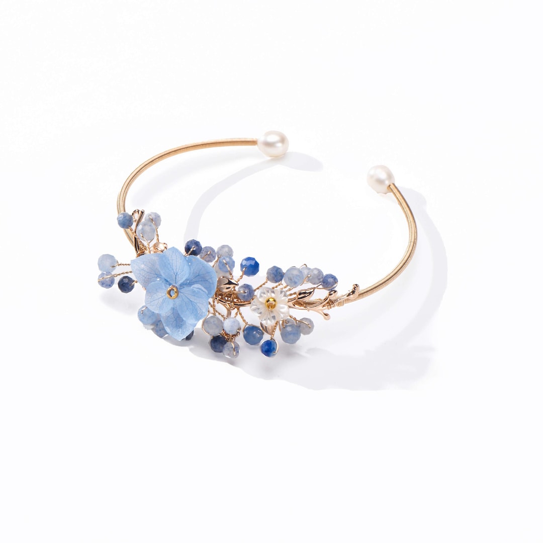 Blue Hydrangea Flowers Crystal Bangle Bracelet, Real Flower Bracelet ...