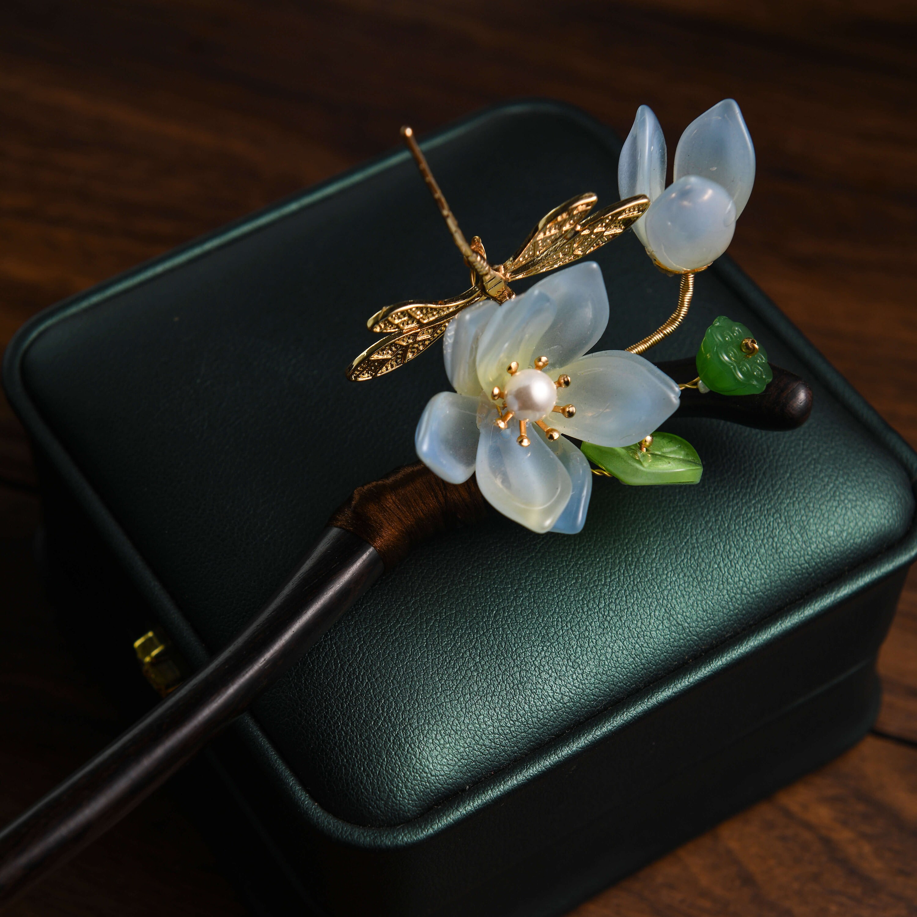 White Translucent Lotus Dragonfly Hair Stick, Waterlily Flower Wood ...
